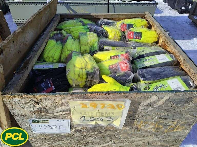 Crate with Unused Various Styles & Sizes of Work Gloves - Michener ...