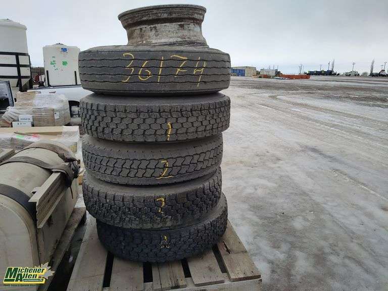 Pallet with 5 11R/22.5 Tires with 4 Aluminum and 2 Steel 8-Bolt Rims - Michener Allen ...