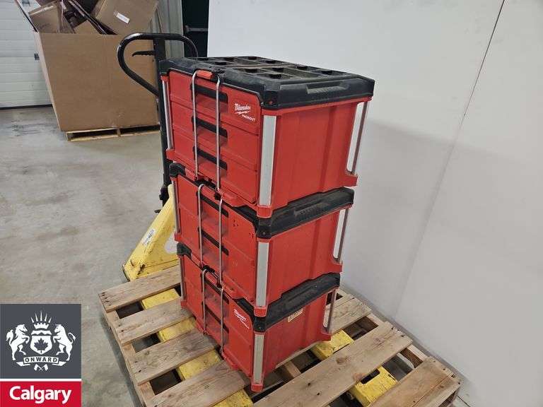 Milwaukee 3x Stackable Tool Boxes with Assorted Supplies *PALLET JACK ...