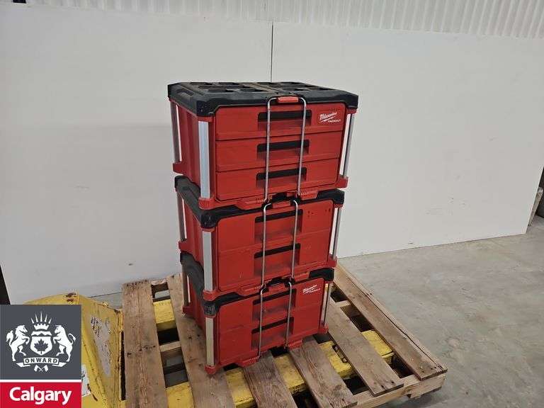 Milwaukee 3x Stackable Tool Boxes with Assorted Supplies *PALLET JACK ...