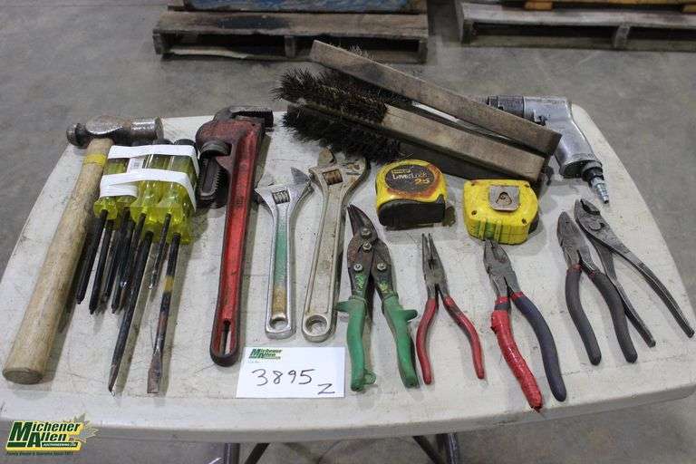 Assorted Tools: Hammer, 6 Screwdrivers, 12" Pipe Wrench, 2 Crescent Wrenches, 5 Wire brushes, 2 ...