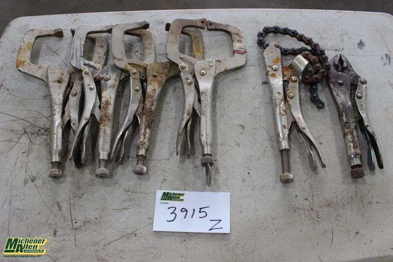 4 C-Clamp Vise Grips, 1 Locking Chain Wrench, & 1 Curved Vise Grip ...
