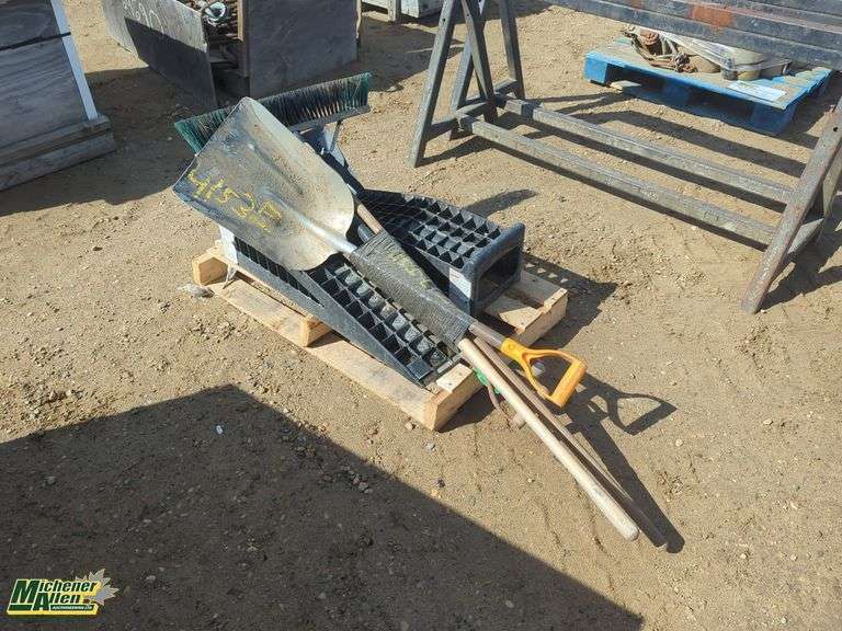 Pallet with Ramps, Shovels and Broom - Michener Allen Auctioneering Ltd