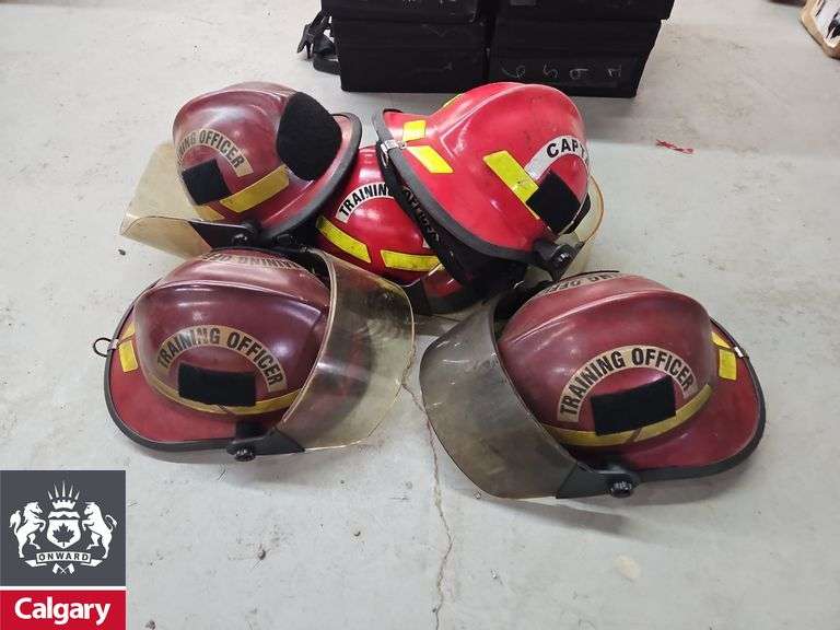 5x Red Fire Helmets - Michener Allen Auctioneering Ltd