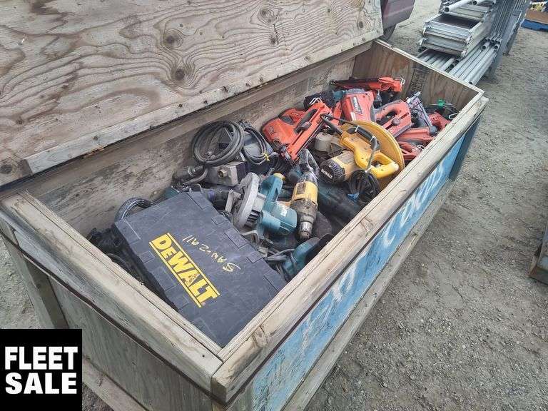 Wooden Crate Filled With Various Tools (Paslode's, Band Saws, Sawzalls ...