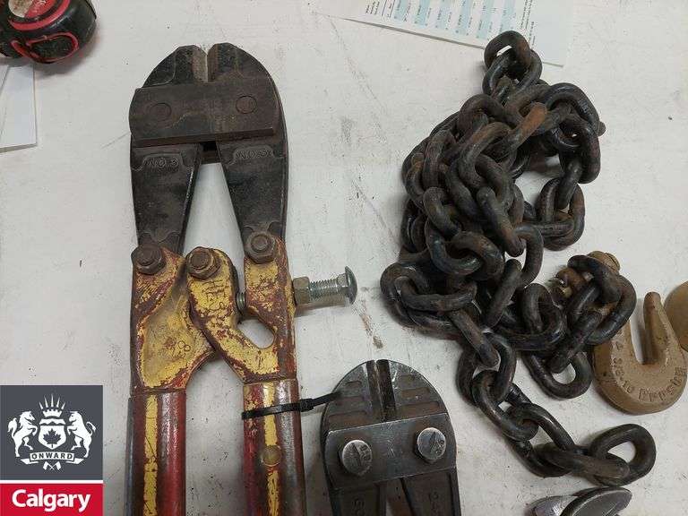 Bolt Cutters x3, manual cable winch x2 and Misc chain length with hooks ...