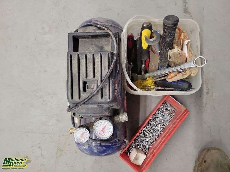 Air Compressor, bucket full of variety of tools ,red container full of ...