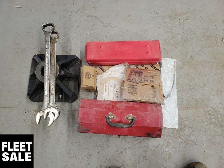 Red tool box with variety tools inside ,warning kits,gaskets,2 open end ...