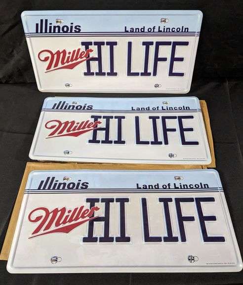 3 NOS MILLER HIGH LIFE BEER ILLINOIS LICENSE PLATE SIGNS 23 X 11 1/2 ...