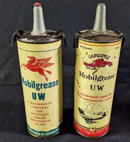 TWO 2# OUTBOARD GREASE CANS GARGOYLE MOBILGREASE - Millers Auction Co.