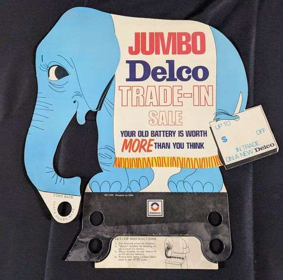 JUMBO ELEPHANT DELCO BATTERY TOPPER CARDSTOCK SIGN - Millers Auction Co.