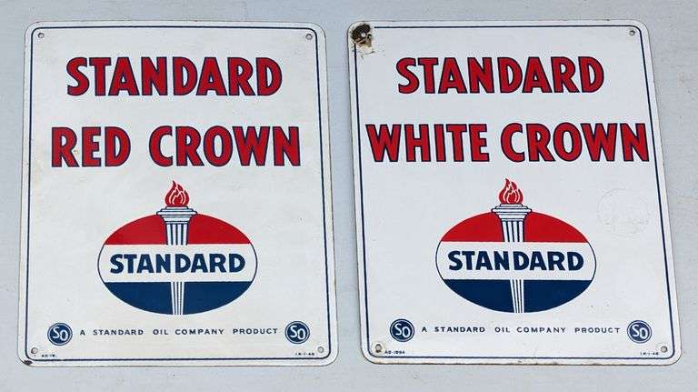 PAIR OF STANDARD OIL RED & WHITE CROWN GASOLINE GAS PUMP SIGNS ...