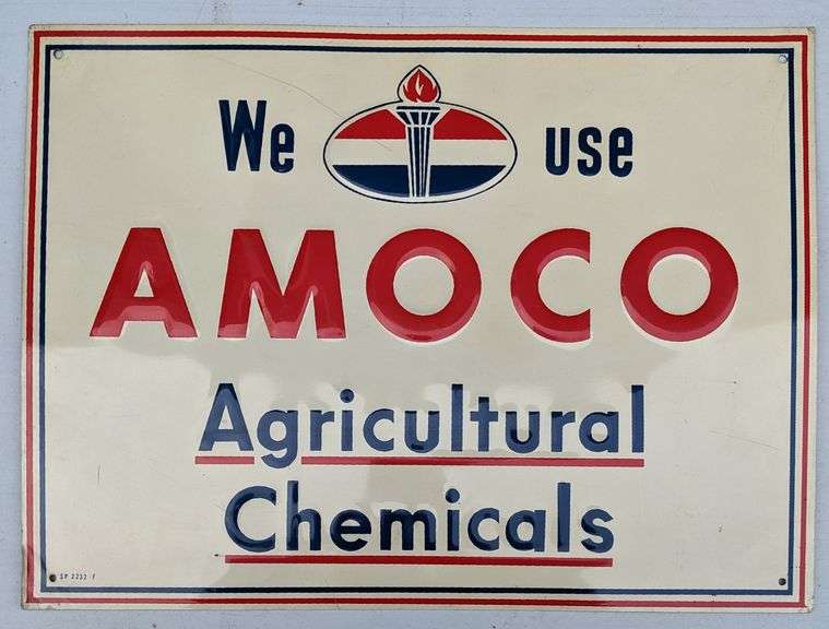 EMBOSSED TIN SIGN AMOCO AGRICULTURAL CHEMICALS - Millers Auction Co.