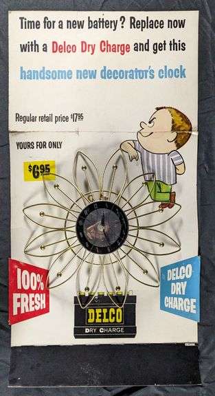 GENERAL MOTORS DELCO DRY CHARGE BATTERY DISPLAY SIGN - Millers Auction Co.