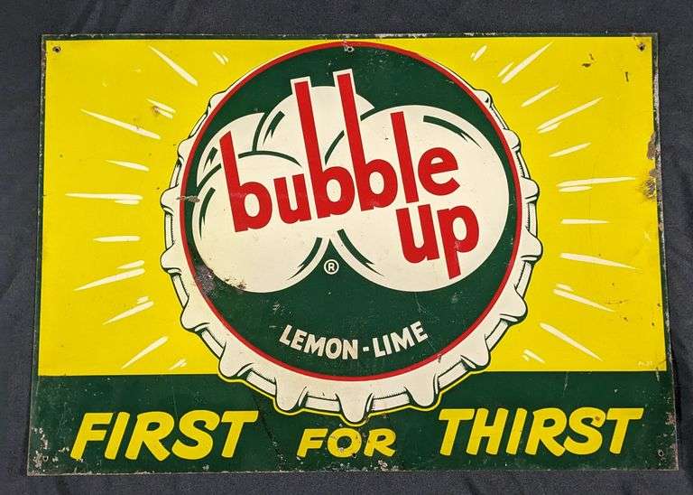 TIN SIGN BUBBLE UP LEMON LIME SODA POP - Millers Auction Co.