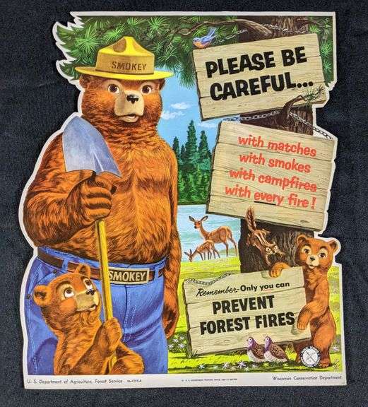 1955 WISCONSIN CONSERVATION DEPT SMOKEY BEAR SIGN - Millers Auction Co.