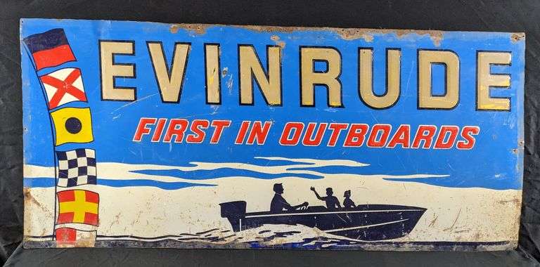 EMBOSSED TIN SIGN EVINRUDE OUTBOARD MOTORS - Millers Auction Co.