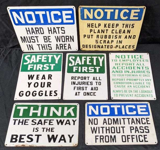 7 VINTAGE INDUSTRIAL SAFETY TIN SIGNS - Millers Auction Co.