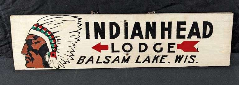 INDIANHEAD LODGE BALSAM LAKE WI WOOD SIGN - Millers Auction Co.