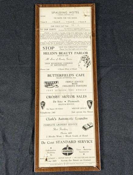 SPALDING HOTEL CROSBY MINNESOTA ROOM RATE SIGN - Millers Auction Co.