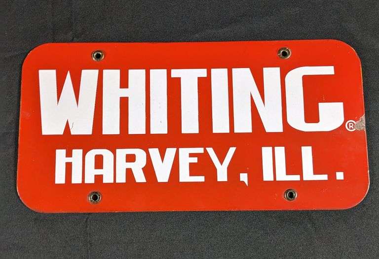 PORCELAIN SIGN WHITING (CRANES) HARVEY ILL - Millers Auction Co.