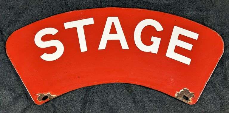 PORCELAIN SIGN "STAGE" (THEATRE - MOVIE STUDIO- BUS CO ??) DOUBLE SIDED ...