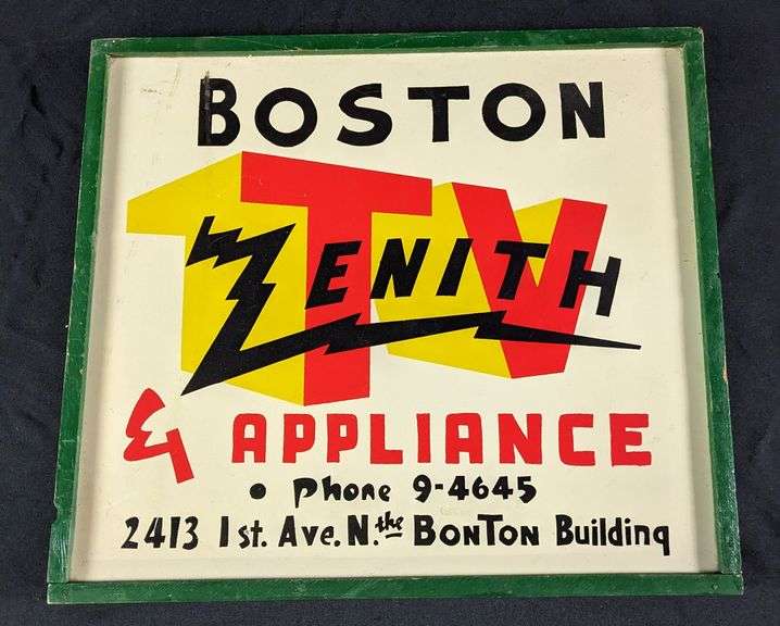 TIN SIGN BOSTON ZENITH TV & APPLIANCE - Millers Auction Co.