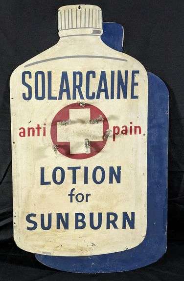 DIE CUT TIN SIGN SOLARCAINE SUNBURN LOTION NEON SIGN - Millers Auction Co.