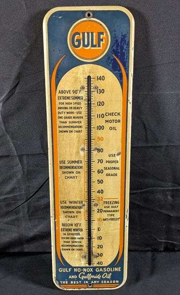 TIN THERMOMETER GULF NO-NOX GASOLINE GULFPRIDE OIL - Millers Auction Co.