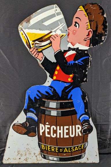 LARGE DIE CUT TIN BEER SIGN PECHEUR BIER D'ALSACE FRANCE FRENCH BIER ...