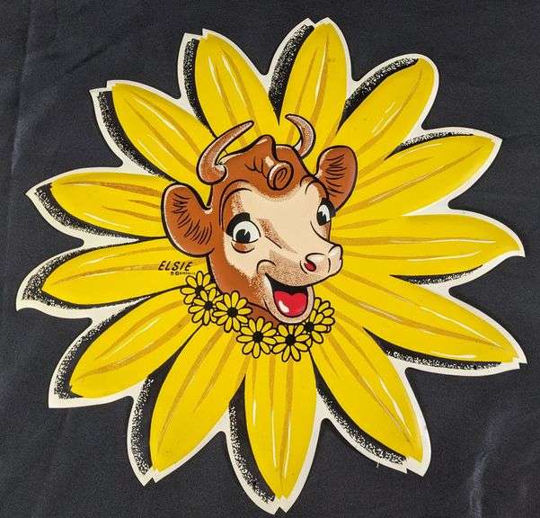 NOS EMBOSSED SIGN BORDENS DAIRY ELSIE COW DAISY - Millers Auction Co.