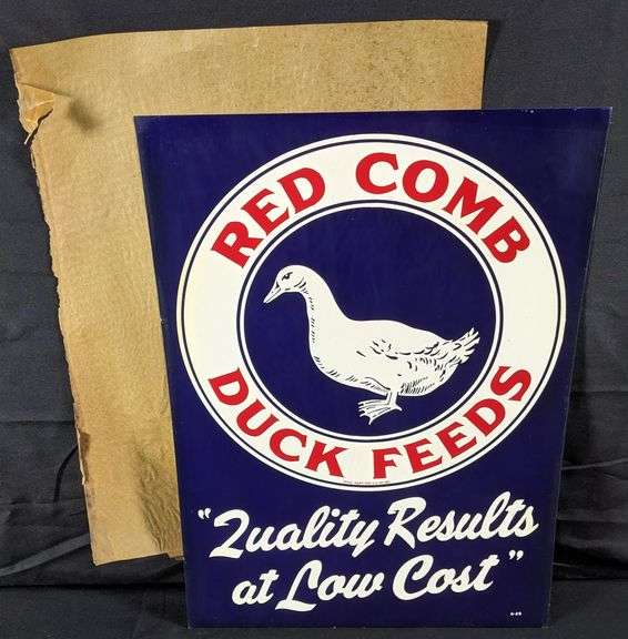 NOS TIN SIGN (PIONEER) RED COMB DUCK FEEDS - Millers Auction Co.