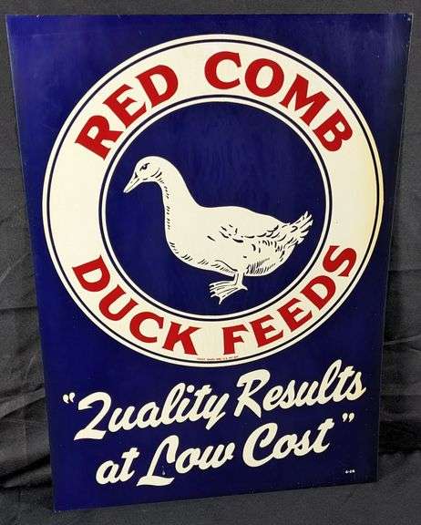 NOS TIN SIGN (PIONEER) RED COMB DUCK FEEDS SIGN - Millers Auction Co.