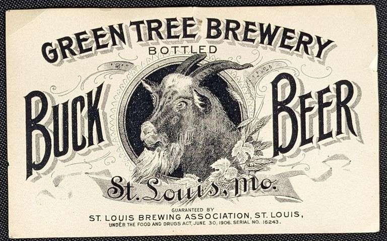 PRE PRO BEER BOTTLE LABEL GREEN TREE BREWERY BUCK BEER ST LOUIS ...