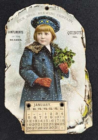 DATED 1890 PRE PRO CARDSTOCK CALENDAR DICK BROS BREWING QUINCY ILLINOIS ...
