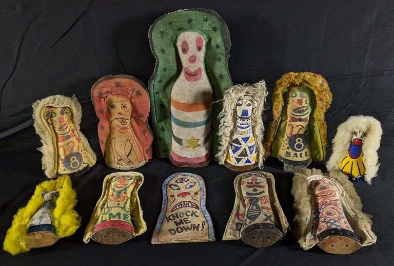 10 VINTAGE CARNIVAL KNOCK DOWN FIGURES & MASONITE SIGN DICKS ARCADE ...