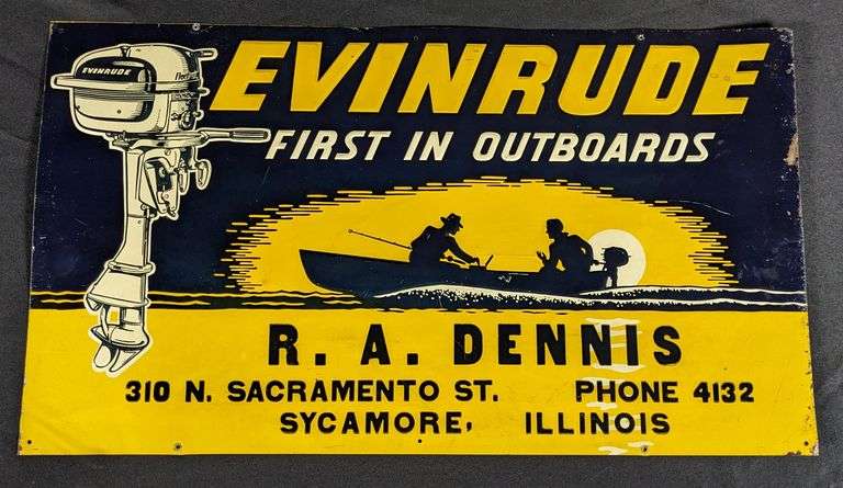 EMBOSSED TIN SIGN EVINRUDE OUTBOARD MOTORS SYCAMORE ILLINOIS - Millers ...