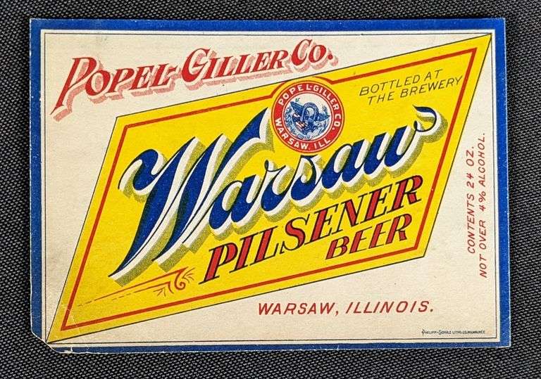 PRE PRO BEER BOTTLE LABEL POPEL GILLER CO WARSAW PILSENER BEER ILLINOIS ...