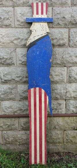 ANTIQUE FOLK ART PAINTED WOOD UNCLE SAM SIGN (2 SIDED) PATRIOTIC ...