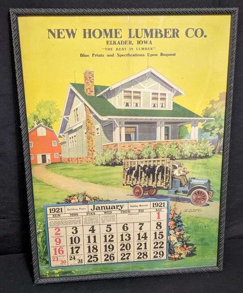1921 FRAMED CALENDAR PAGE. NEW HOME LUMBER CO ELKADER IOWA DAIRY COW ...