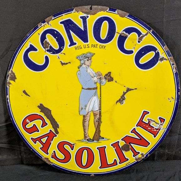 PORCELAIN SIGN CONOCO "MINUTE MAN" GASOLINE (2 SIDED) - Millers Auction Co.