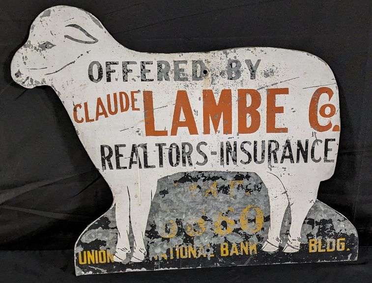 LAMB / SHEEP SHAPED TIN SIGN CLAUDE LAMBE CO REALTORS & INSURANCE ...