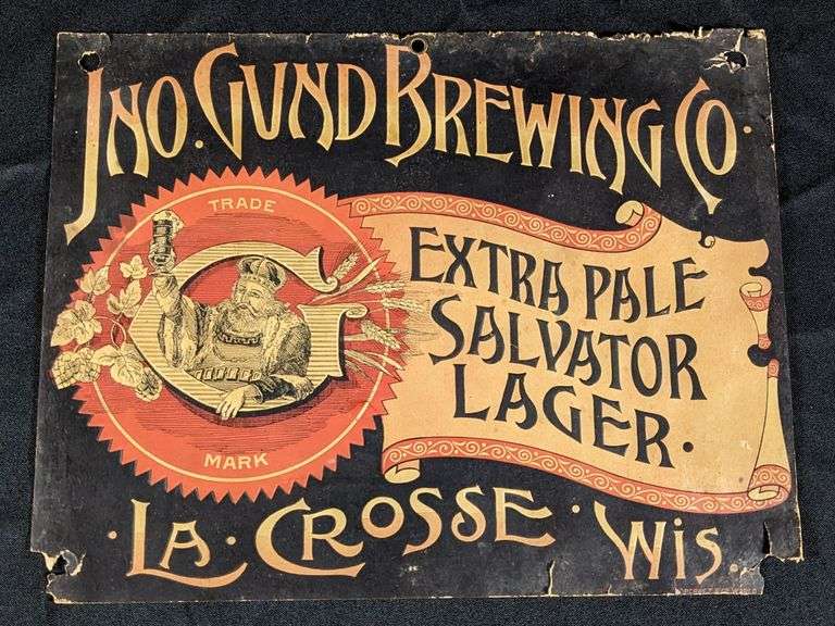 PRE PRO BEER SIGN JNO (JOHN) GUND BREWING CO EXTRA SALVATOR LAGER LA ...