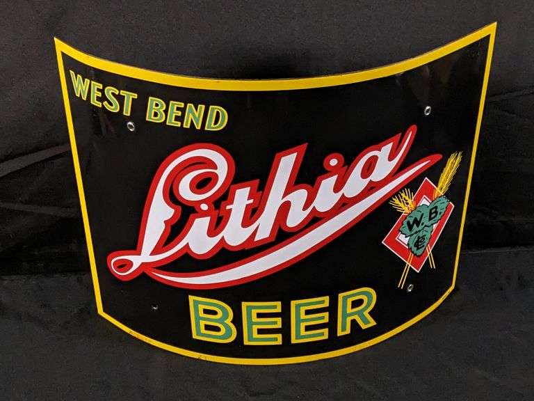 PORCELAIN CORNER SIGN WEST BEND LITHIA BEER WISCONSIN - Millers Auction Co.