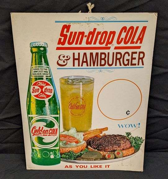 1964 CARDSTOCK SIGN SUN DROP COLA & HAMBURGER - Millers Auction Co.