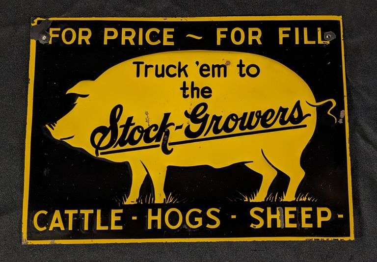 EMBOSSED TIN SIGN TRUCK 'EM TO STOCK-GROWERS CATTLE - HOGS - SHEEP ...