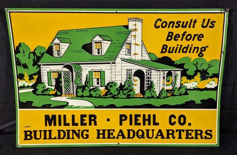 EMBOSSED TIN SIGN MILLER - PIEHL BUILDING HEADQUARTERS (ONEIDA - BLACK ...