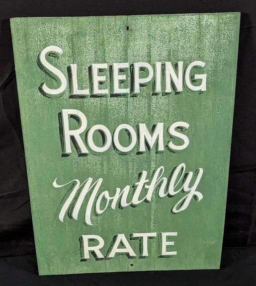 HAND PAINTED PLYWOOD SIGN SLEEPING ROOMS MONTHLY RATE - Millers Auction Co.
