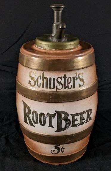 SCHUSTER'S ROOT BEER 5¢ SODA FOUNTAIN BARREL SHAPED SYRUP DISPENSER ...