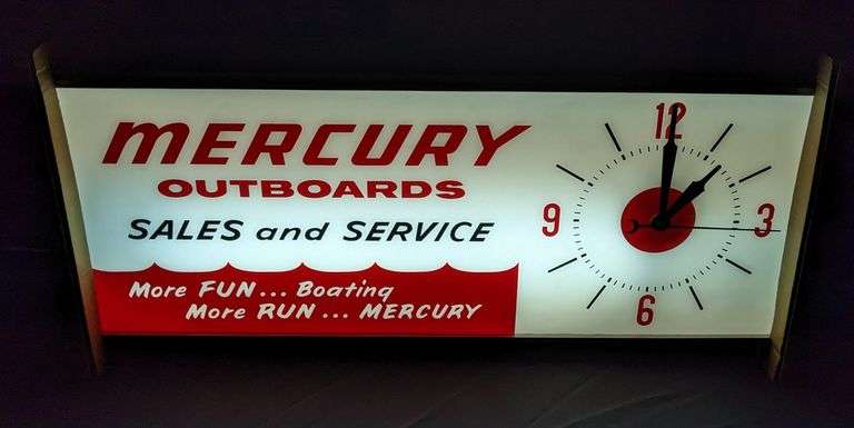 NOS LIGHTED SIGN MERCURY OUTBOARDS SALES AND SERVICE - Millers Auction Co.